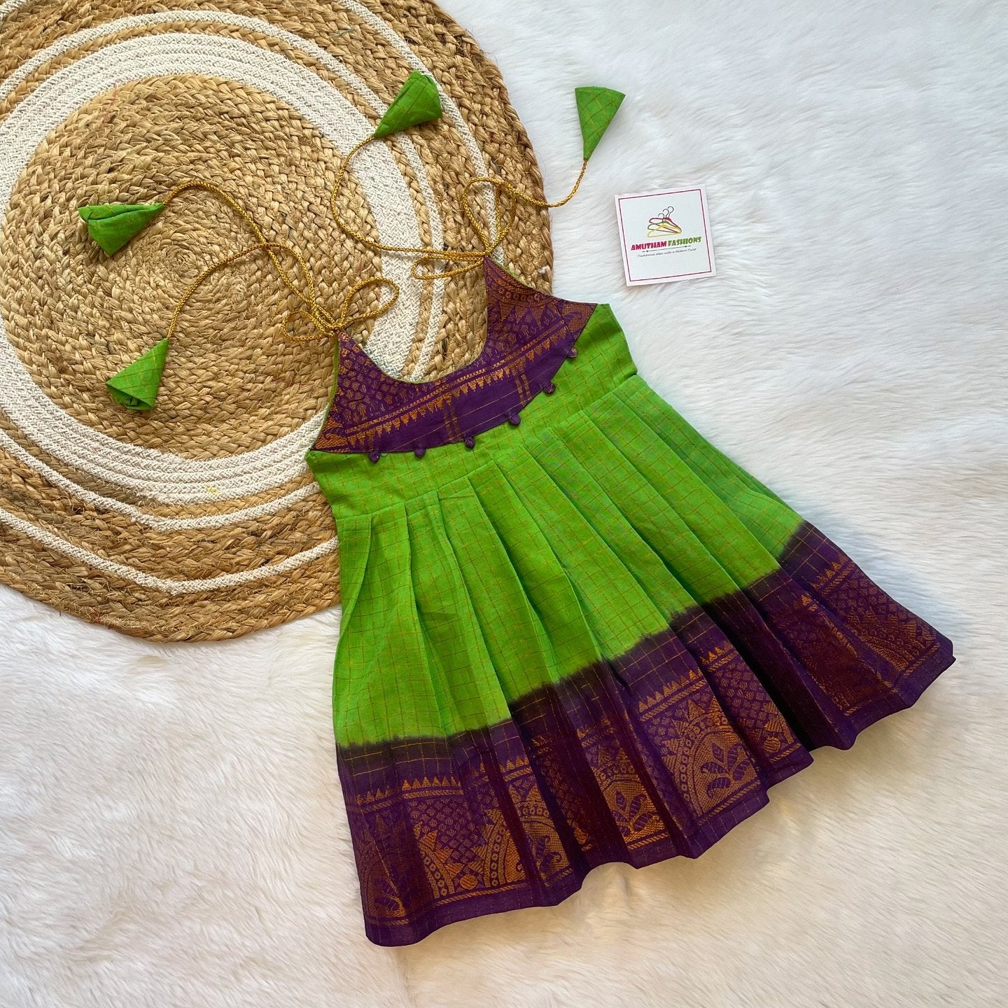 Light Green & Voilet Combo Sungudi Cotton Frock – Amutham Fashions